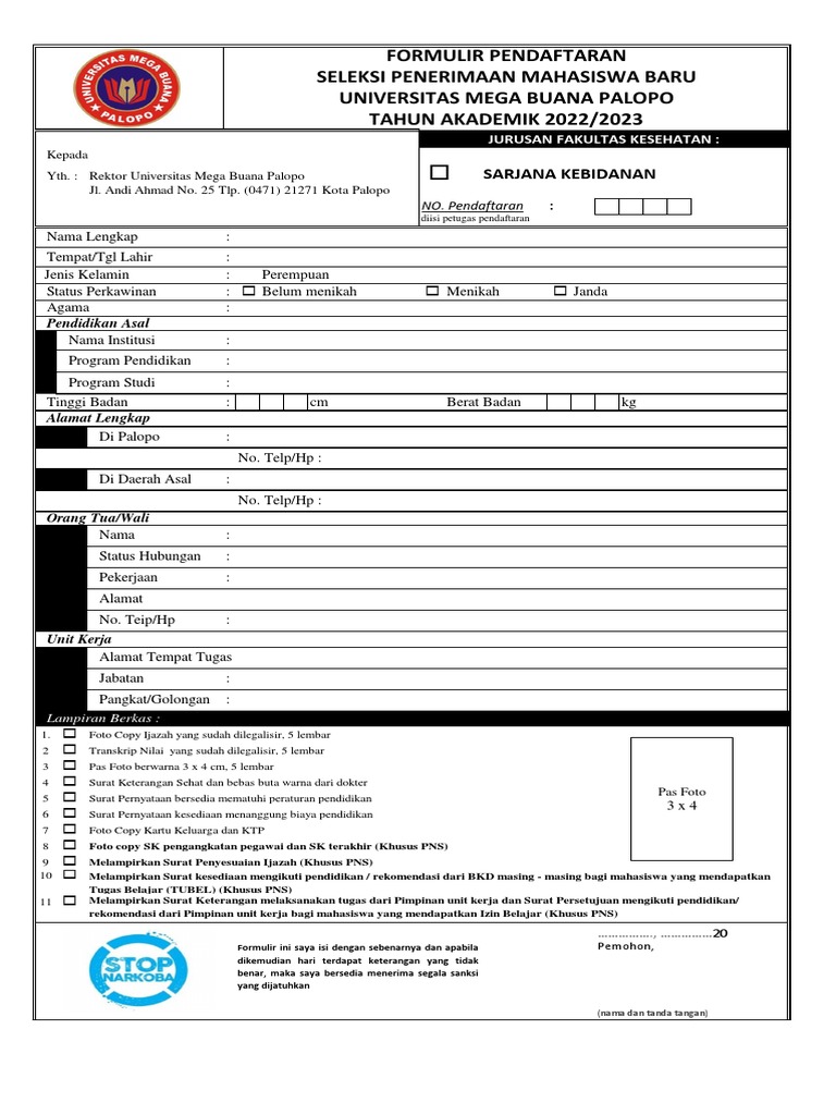 Formulir S1 KEBIDANAN LANJUTAN 2022 UMBP | PDF