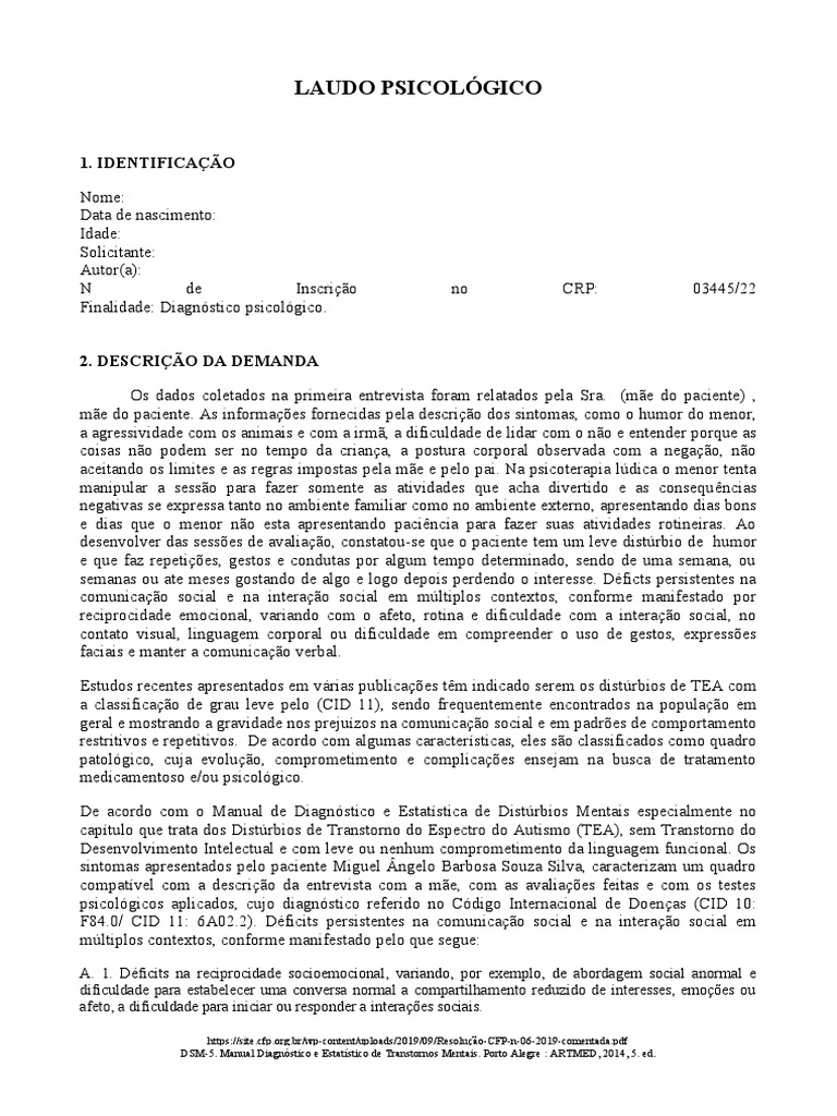 Laudo psicológico diagnóstico de transtorno do espectro autista leve em ...
