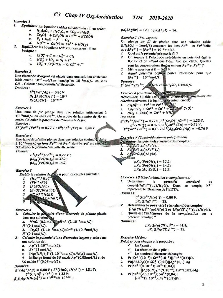 TD 4 OX_RED chimie 3 + corrigés_ENPC | PDF