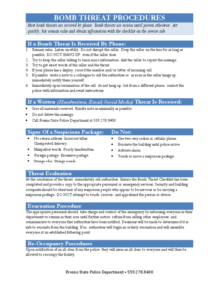 Bomb Threat Procedures Checklist | PDF | Communication
