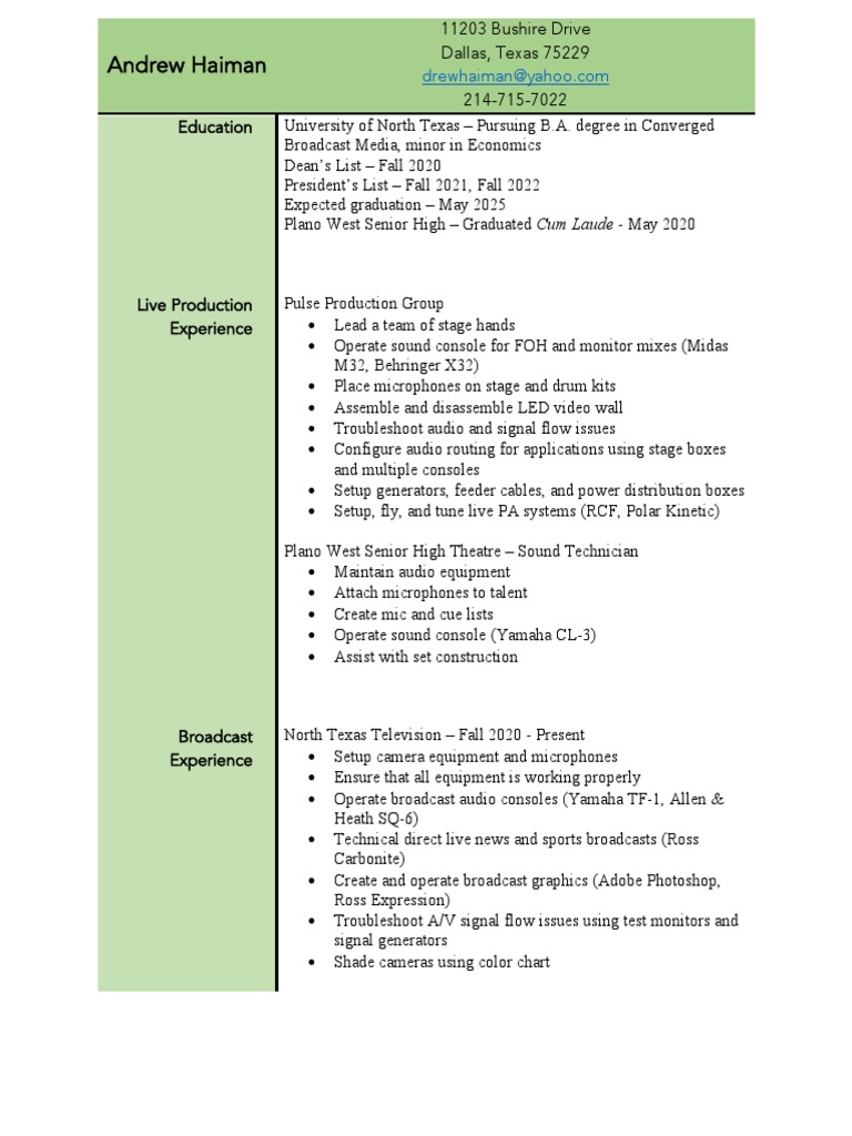 Andrew Haiman Broadcast Engineer Resume | Download Free PDF | Sound ...