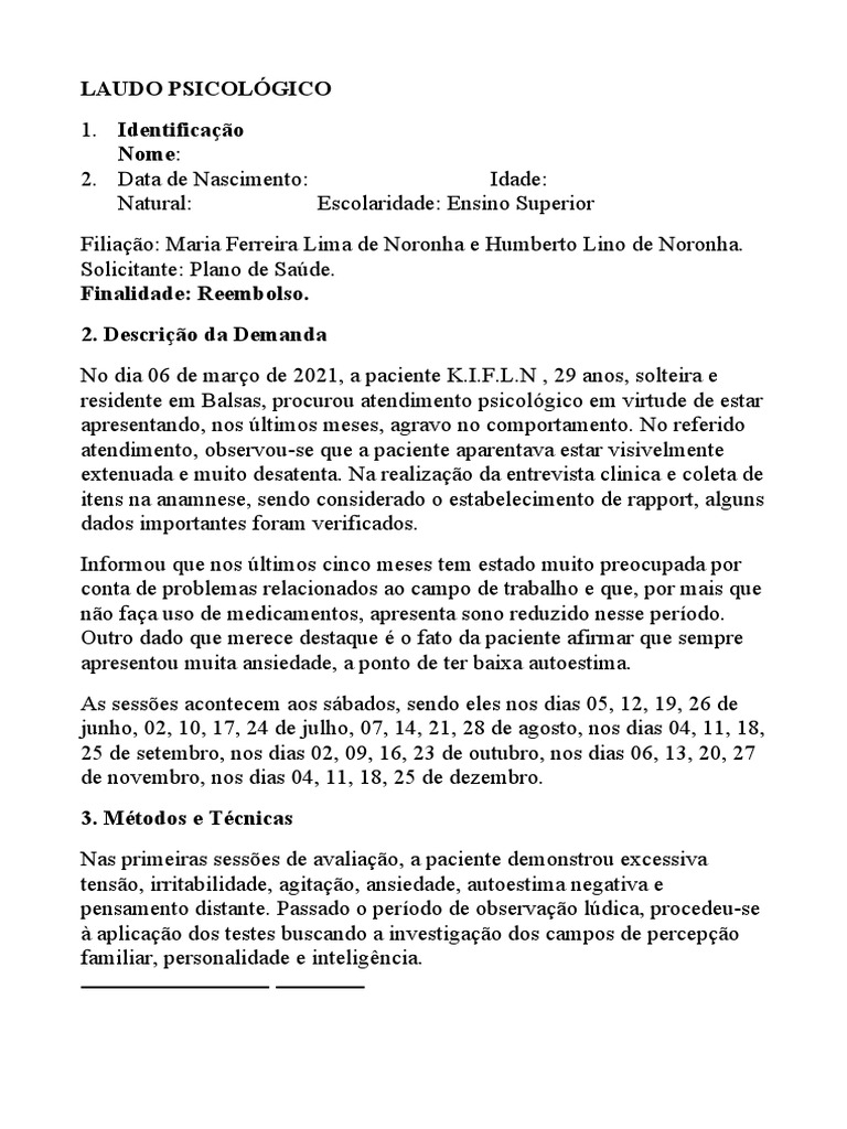 LAUDO PSICOLÓGICO | PDF | Psicologia | Ansiedade