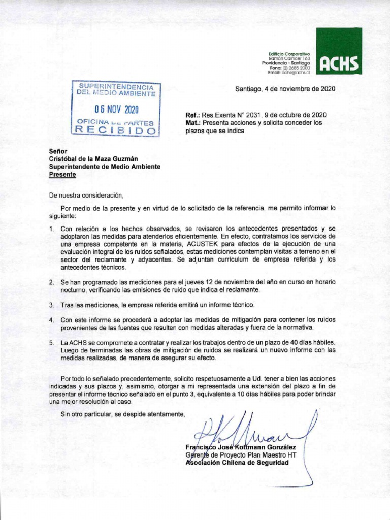 Carta ACHS Solicita Ampliación de Plazo | PDF