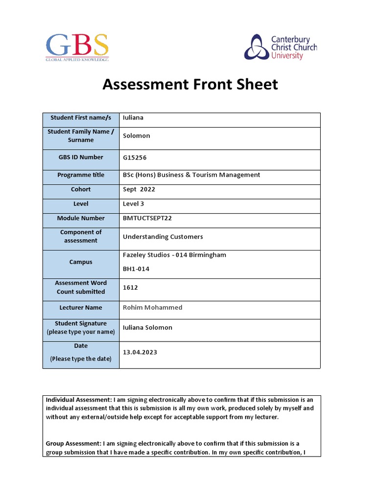 CCCU Assessment Front Sheet Understanding Customer.docx | PDF | Brand ...