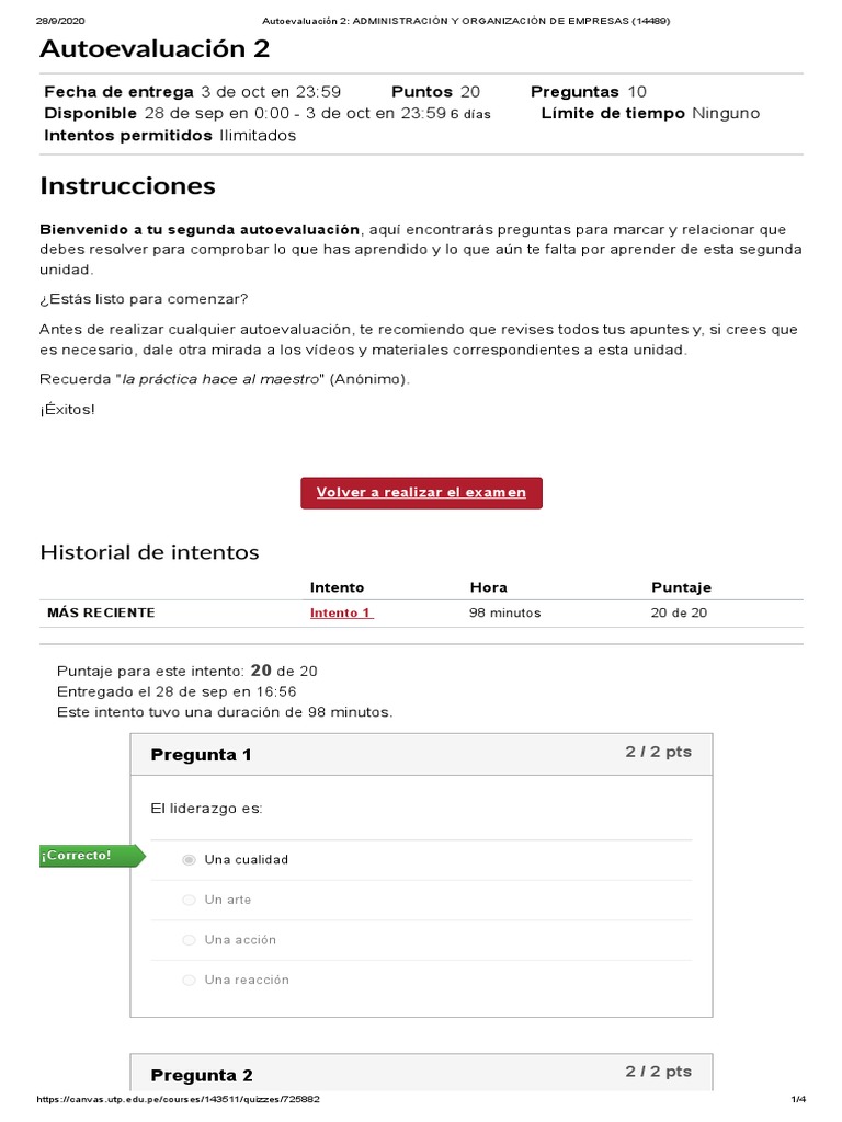 Autoevaluación 2 - ADMINISTRACIÓN Y ORGANIZACIÓN DE EMPRESAS (14489) | PDF