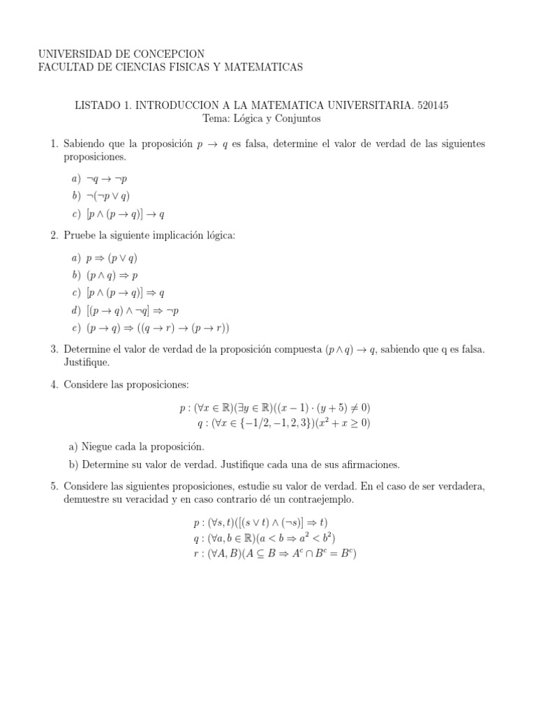 Listado - Ejercicios | PDF | Proposición | Lógica matemática