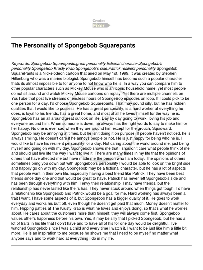 The Personality of Spongebob Squarepants | PDF | Self-Improvement ...