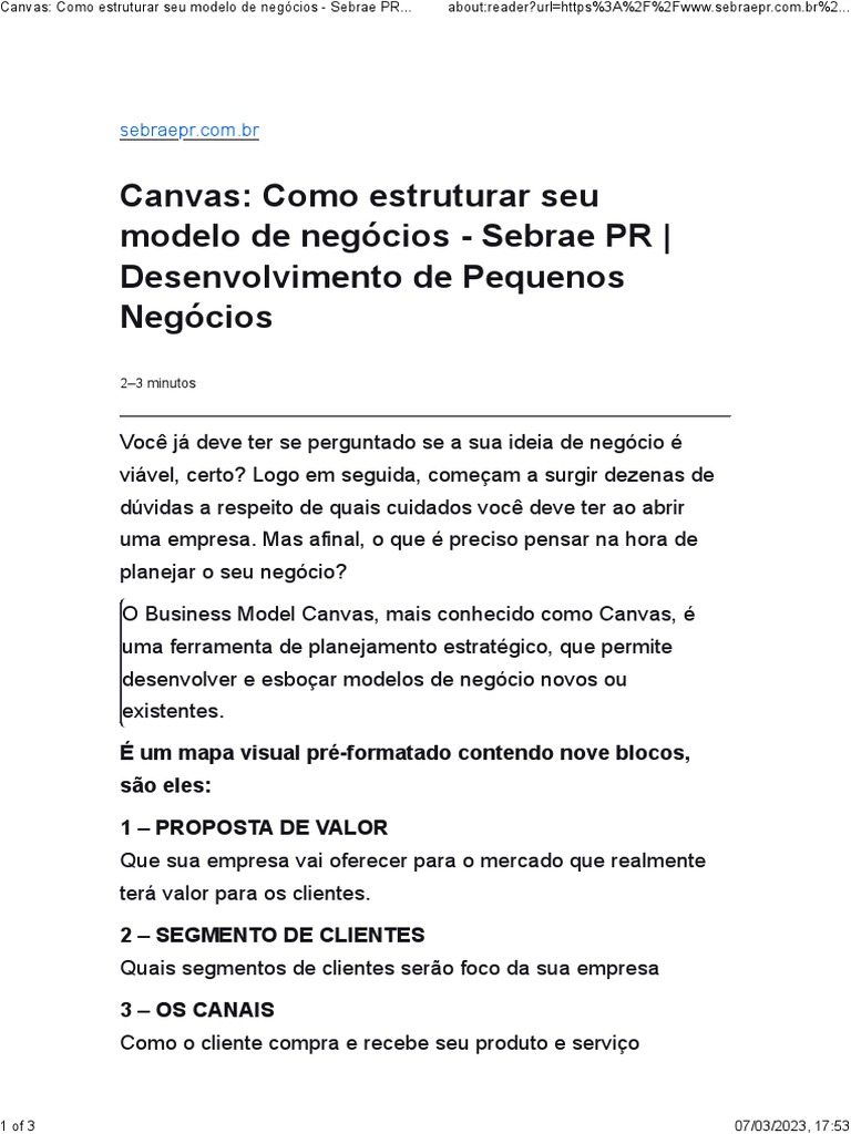 Canvas Como Estruturar Seu Modelo de Negócios - Sebrae PR Desenvolvimento de Pequenos Negócios ...