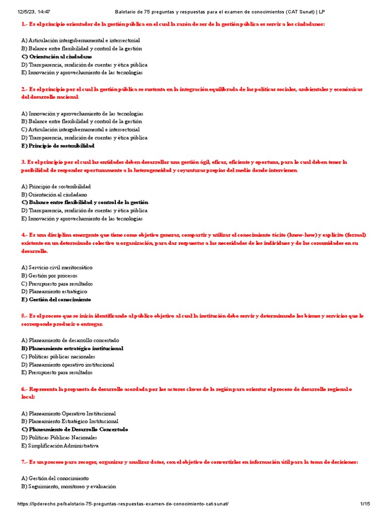 Balotario de 75 Preguntas y Respuestas para El Examen de Conocimientos (CAT Sunat) - LP PDF ...