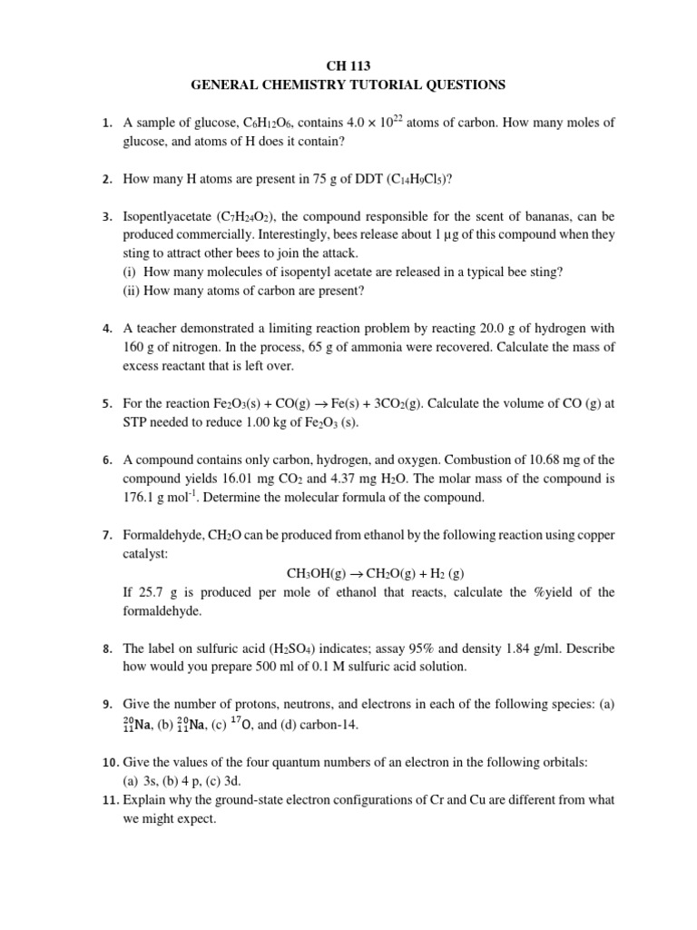 General Chemistry Tutorial Questions Set1 PDF | PDF | Chemical Reactions | Chemical Compounds