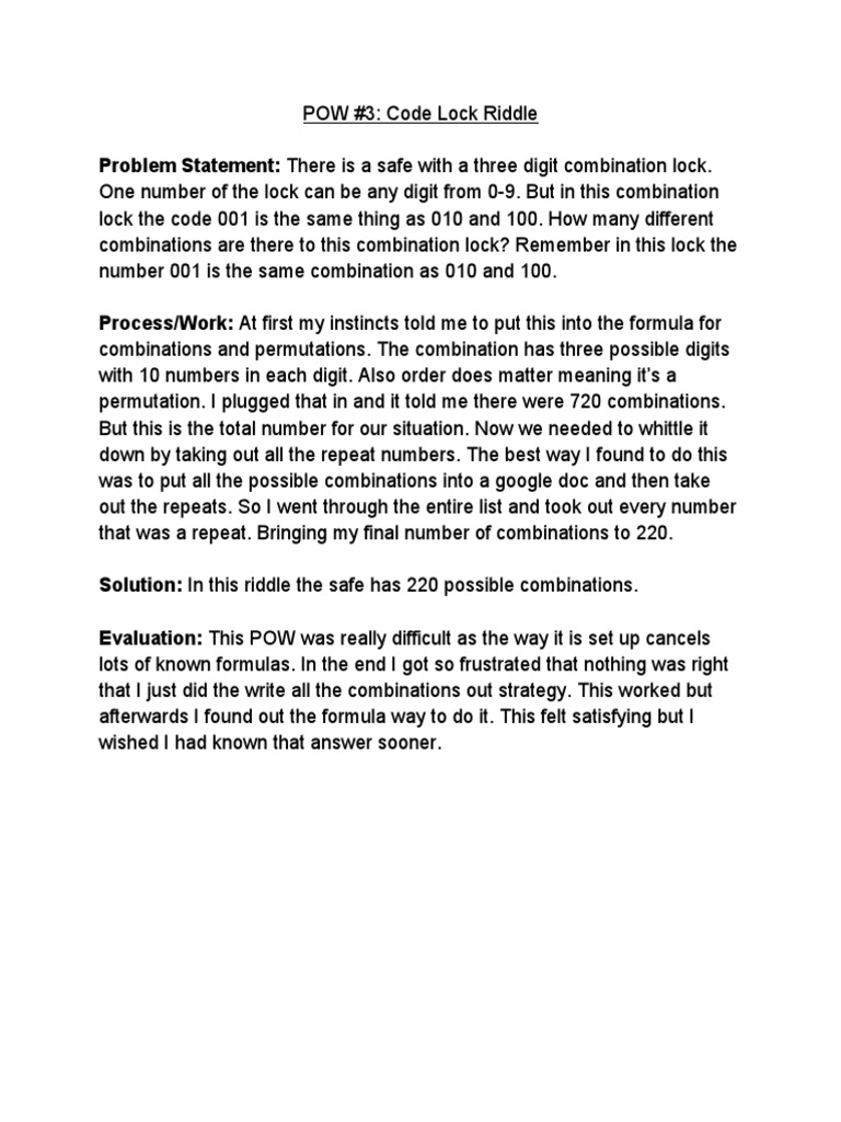 Caleb Bates - Pow 3 - Code Lock Riddle | PDF