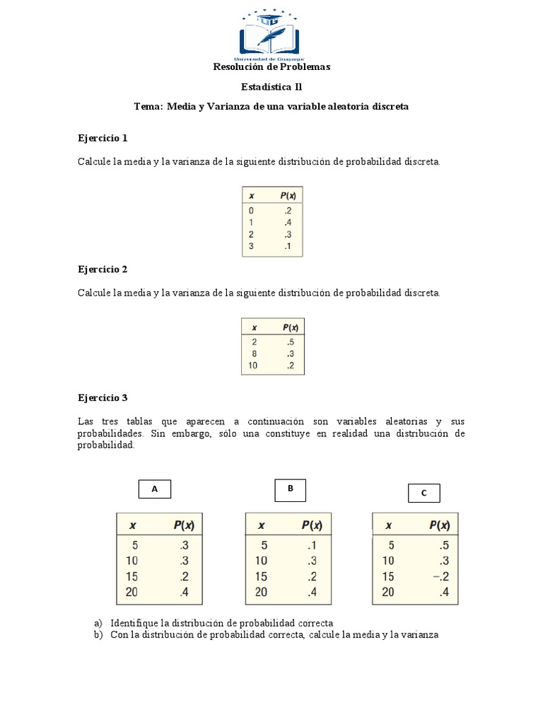 Ejercicios Media y Varianza de Una Variable Aleatoria Discreta | PDF | Métodos y materiales de ...