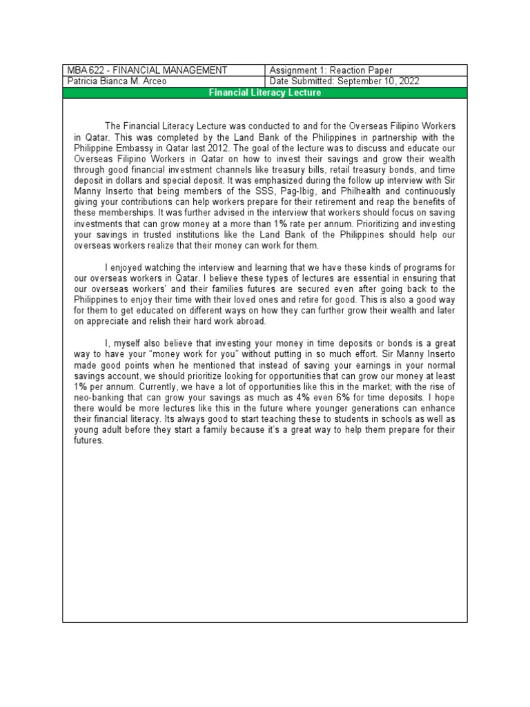 Reaction Paper To Financial Literacy Lecture | PDF | Money | Private Sector