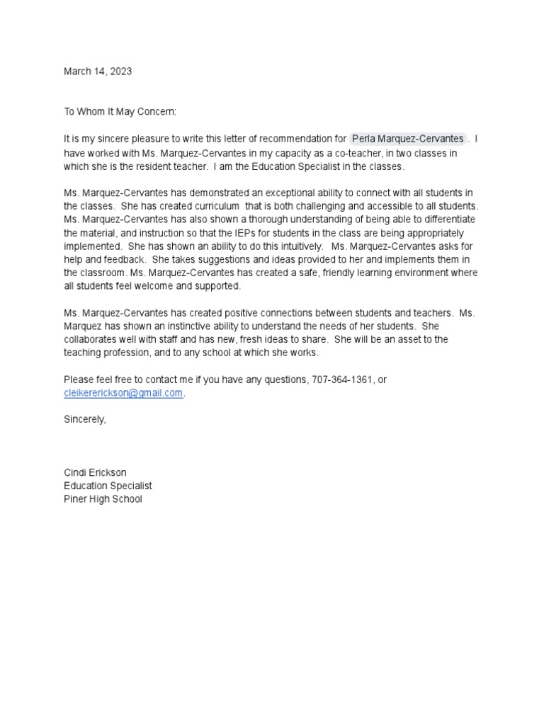 Perla Marquez LTR of Rec | PDF