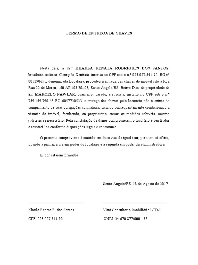 Termo de Entrega de Chaves Kharla | PDF