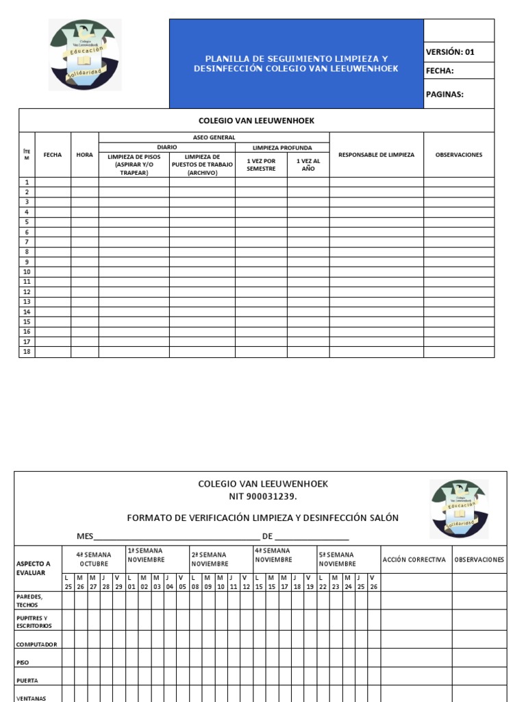 Planilla de Seguimiento Limpieza y Desinfección Colvan | PDF
