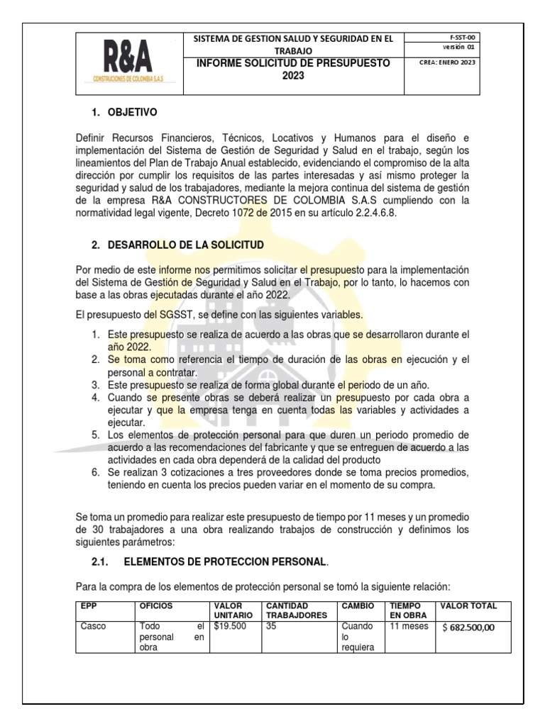 Solicitud de Presupuesto SGSST 2023 | PDF | Presupuesto | Higiene ...