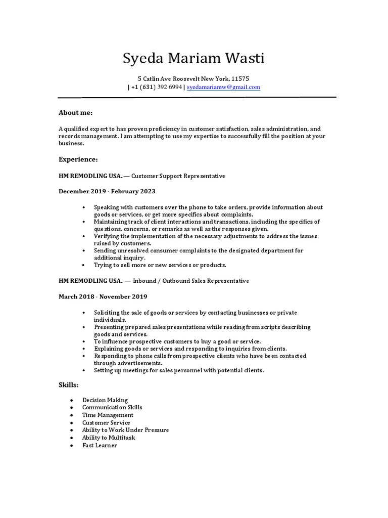 Syeda Mariam Wasti Resume | PDF