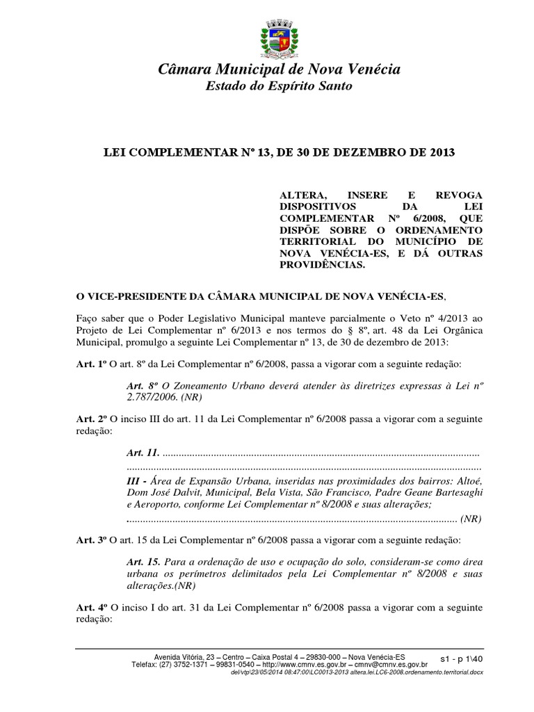 Lei Complementar 13 2013 Altera LC 06 2018 Ordenamento Territorial PDF | PDF