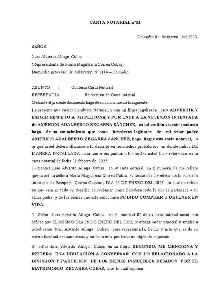 Carta Notarial Sonia Zegarra | PDF | Derecho Civil (Common Law ...