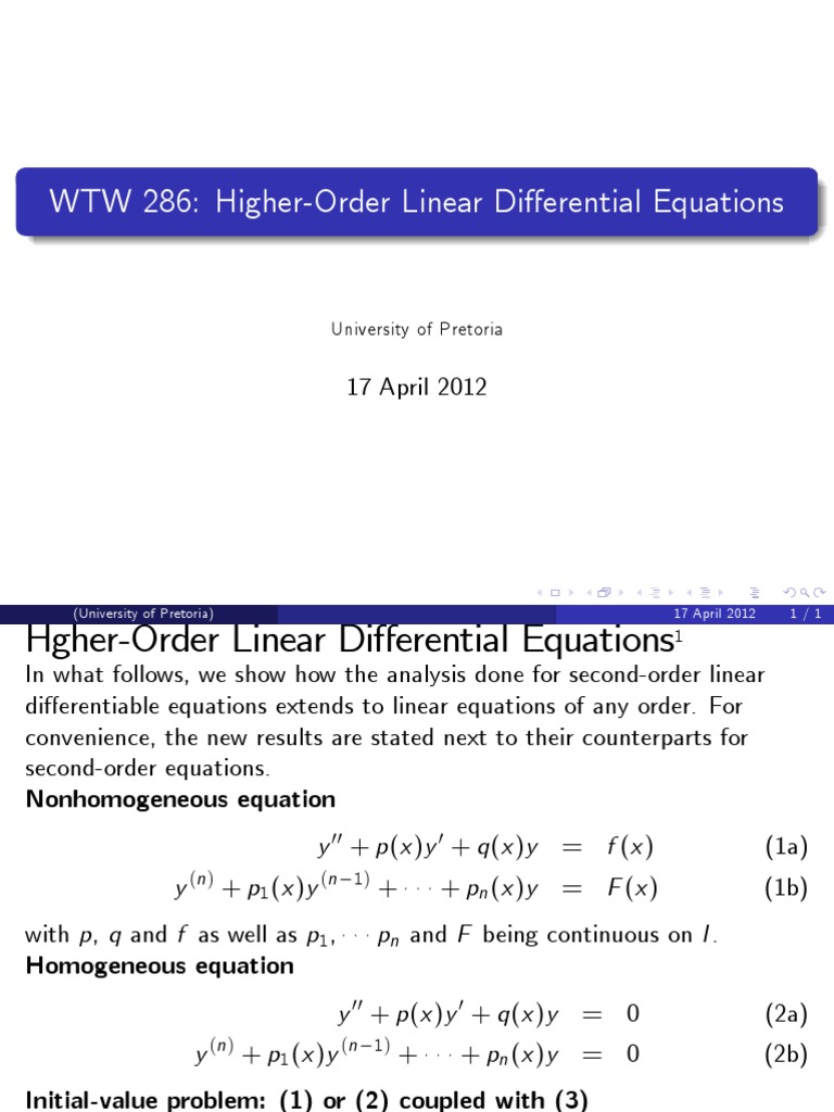 16 WTW286 HigerOrderOdes 17april 2012 | PDF | Linear Subspace | Functions And Mappings