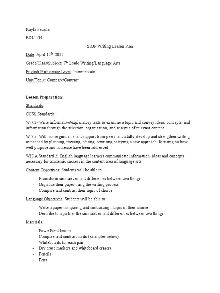 Siop Lesson Plan Writing | PDF | Essays | Lesson Plan