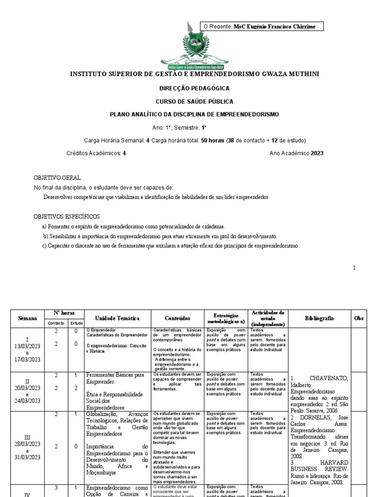 Plano Analítico Empreendedorismo Saúde Pública 2023 Isgegm | PDF ...