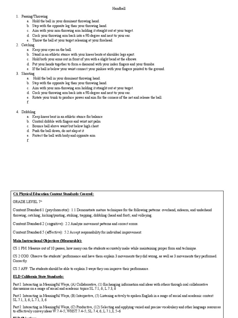 7th Grade Handball Lesson Plan | PDF | Hand