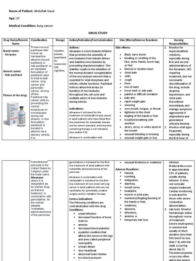 Drug Study Format Abraxane | PDF | Microtubule | Anemia