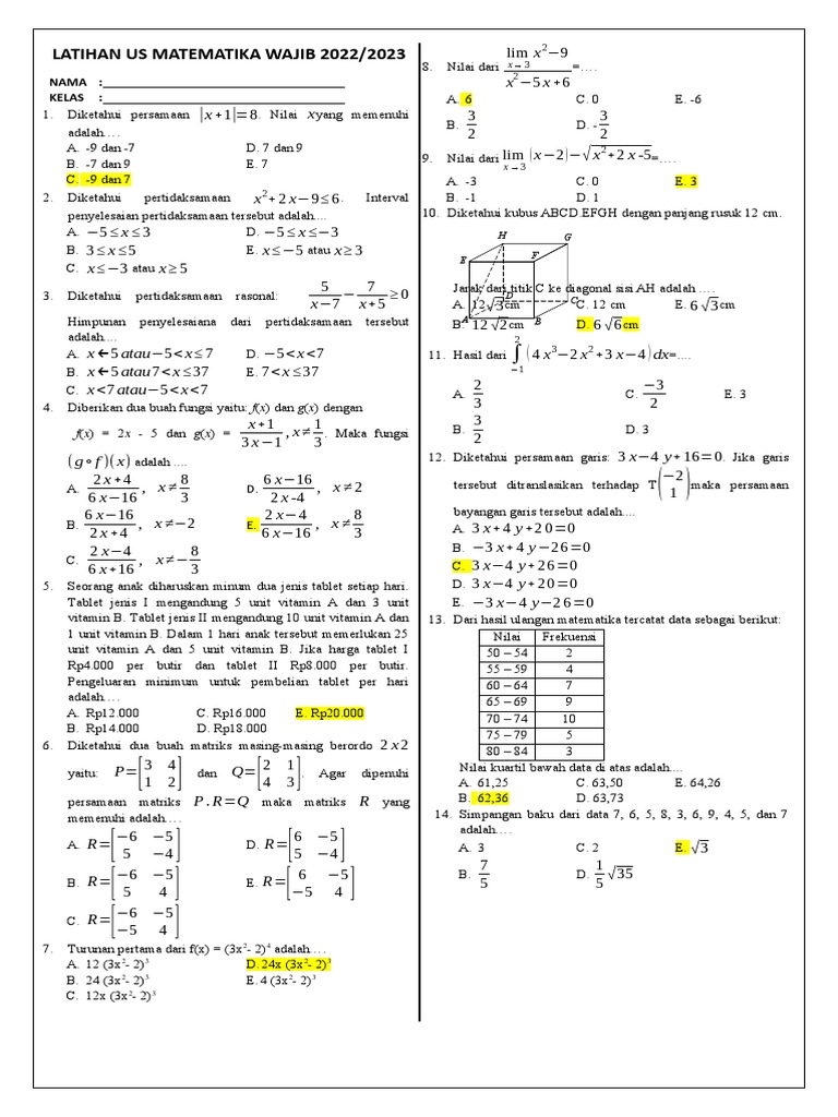Latihan Us Matematika Wajib 2022 | PDF
