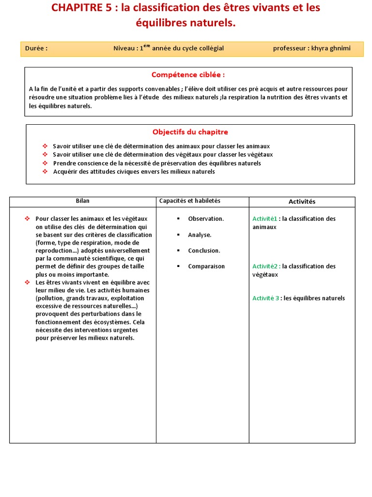 1AC SVT Fiche Pédagogique Classification Des Ê V 2019 1 | PDF ...