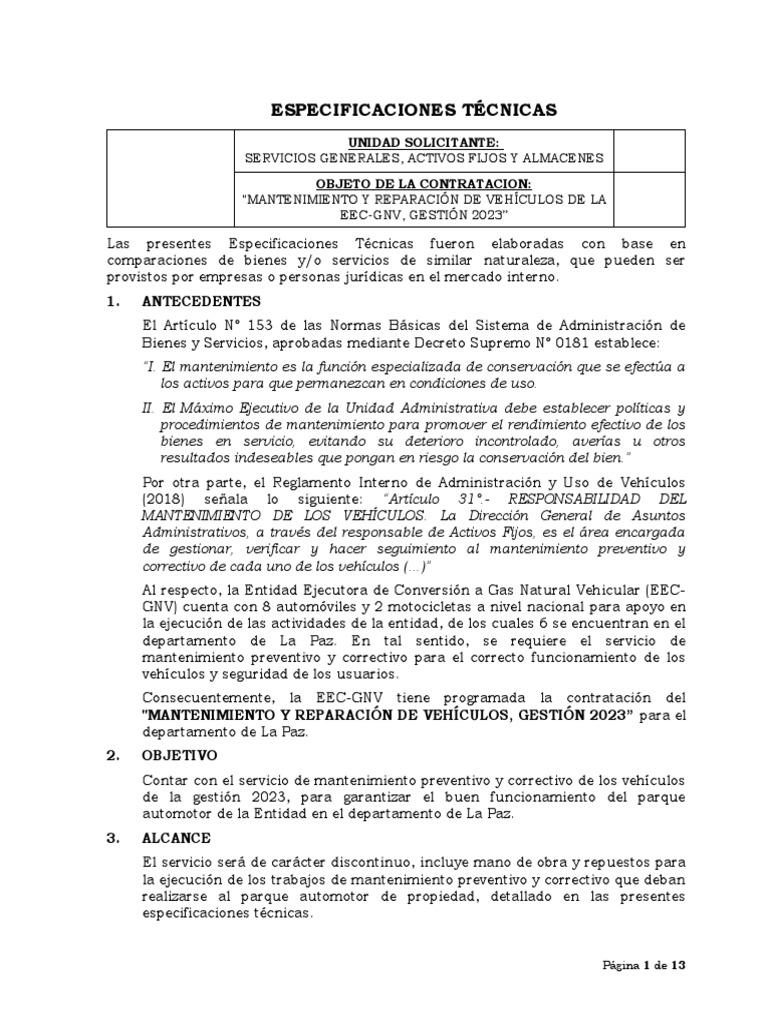 Especificaciones Tecnicas Mantenimiento de Vehiculos | PDF | Inyección de combustible | Coche