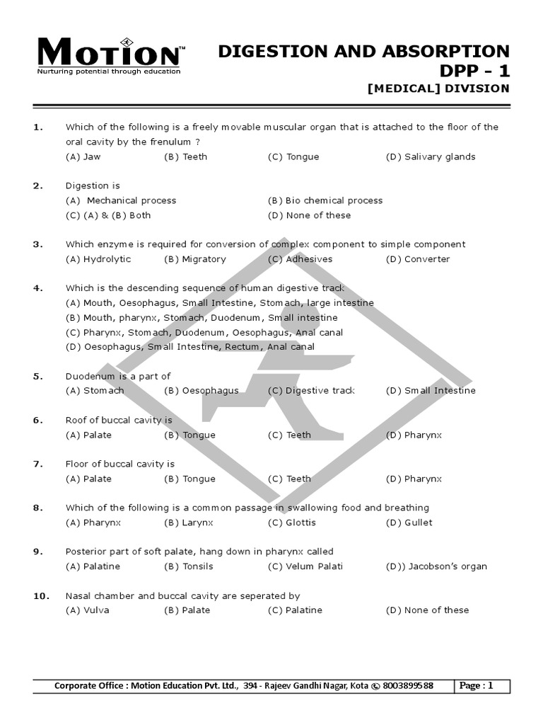 Digestion and Absorption DPP-1 | PDF | Science & Mathematics