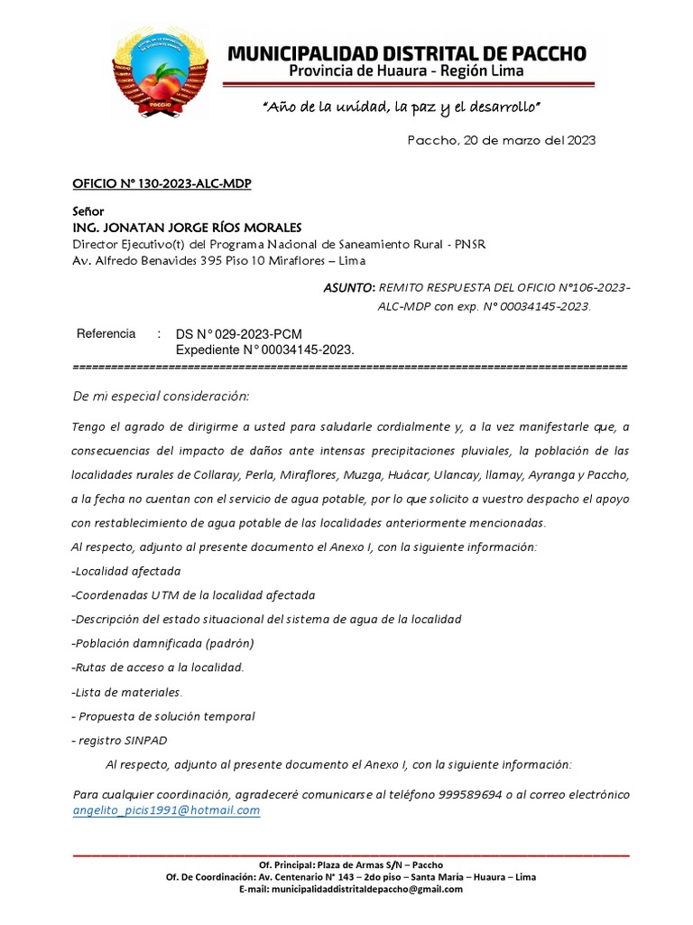 Oficio #130-2023-Alc-Mdp - Levantamiento de Observaciones Del Oficio #106 - 2023-Alc-Mdp PDF ...