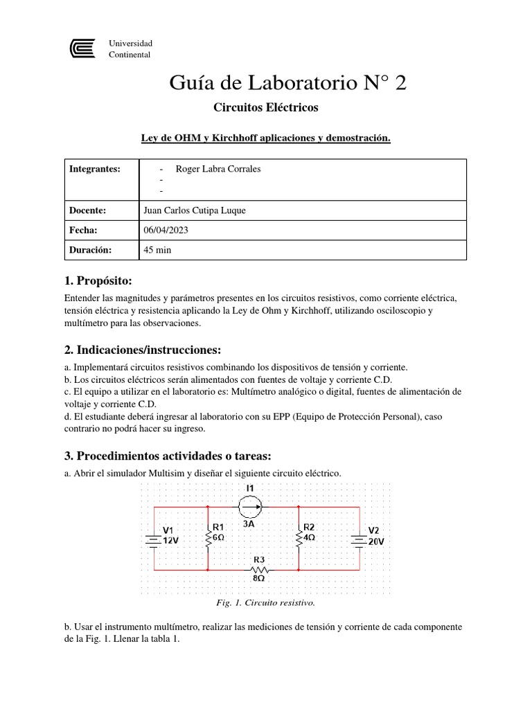Guía de Laboratorio N° 2: Aplicando la Ley de Ohm y las Leyes de Kirchhoff para medir tensiones ...