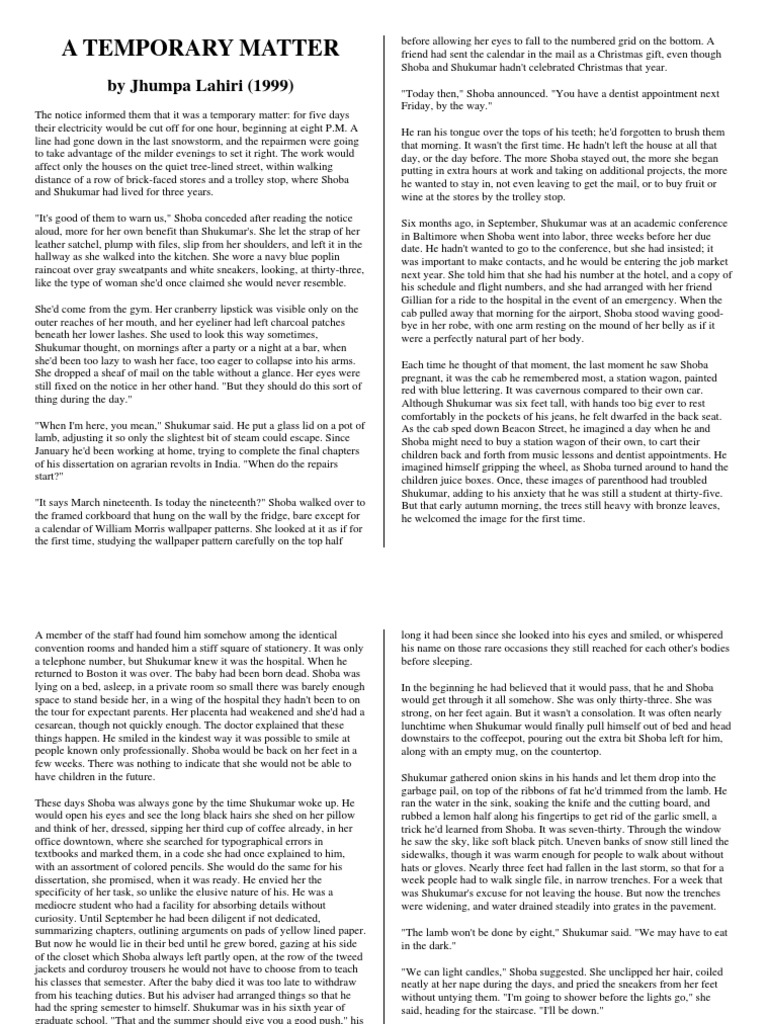 A Temporary Matter (Lahiri) | PDF