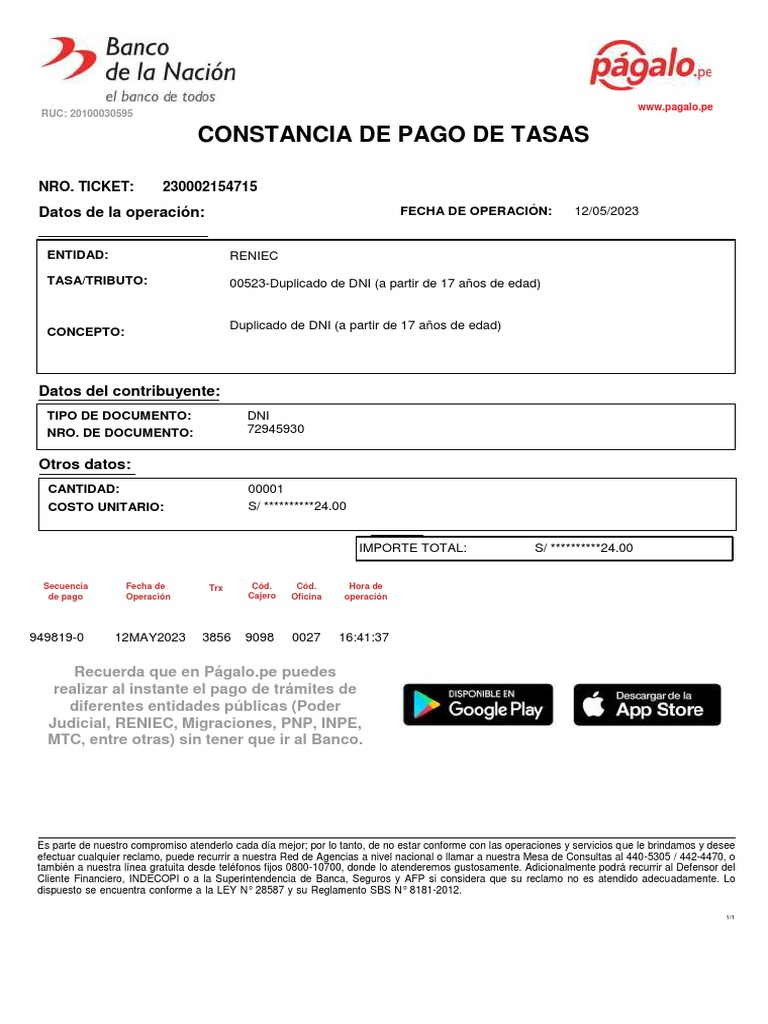 Constancia de Pago de Tasas: Datos de La Operación | PDF