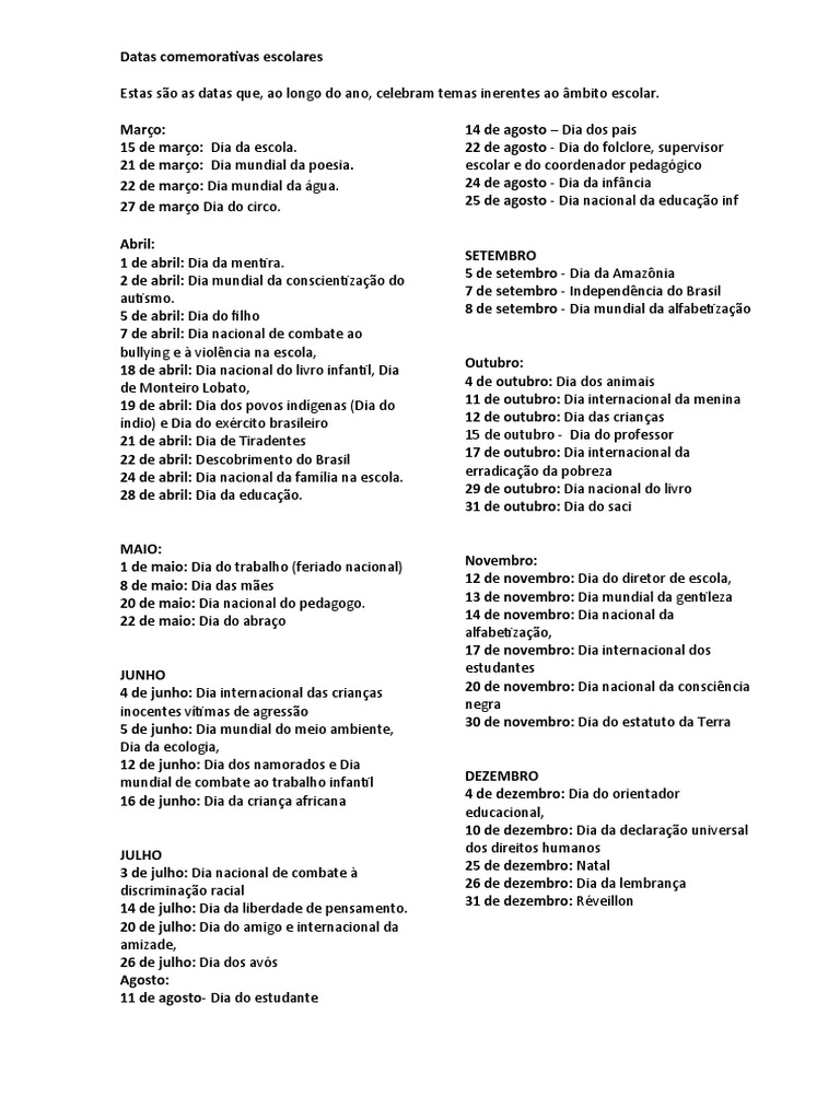 Datas Comemorativas Escolares Pdf
