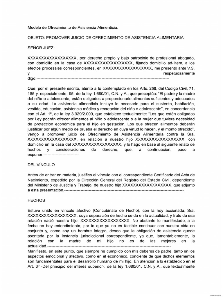 Ofrecimiento de Asistencia Alimenticia Paraguay. Modelo de Escrito. | PDF