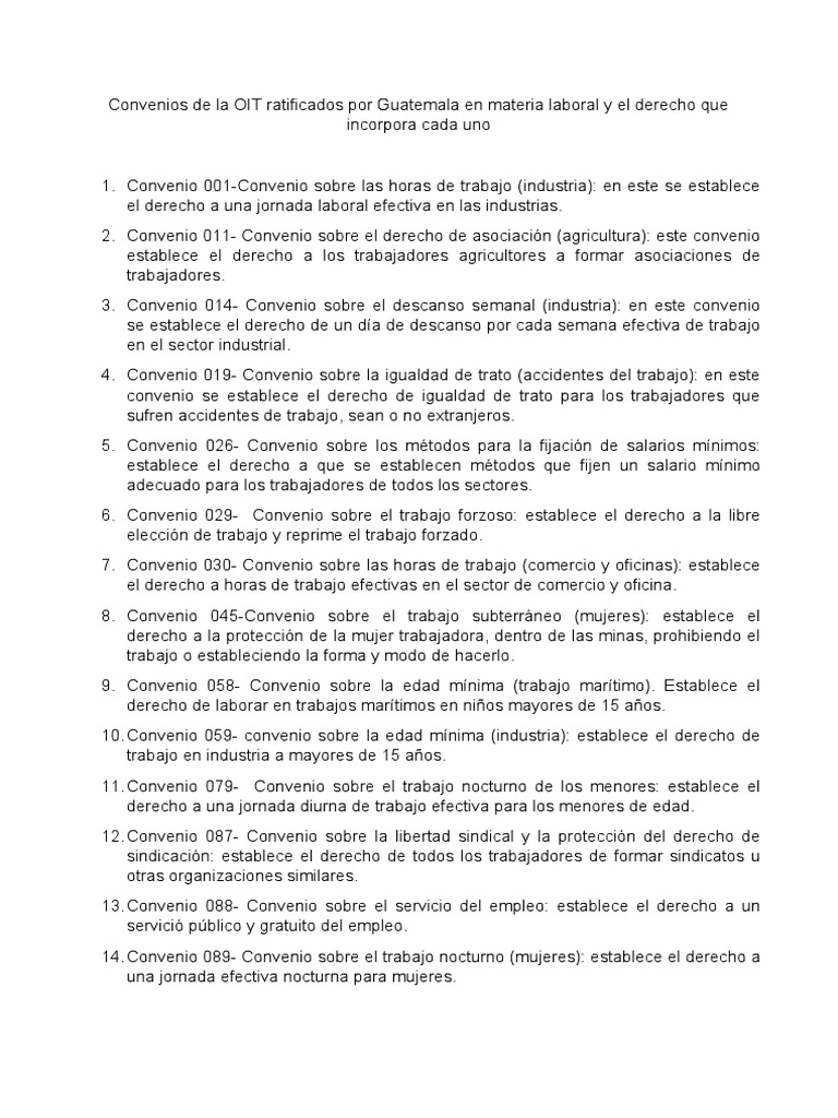 Convenios de La OIT Ratificados Por Guatemala en Materia Laboral y El Derecho Que Incorpora Cada ...