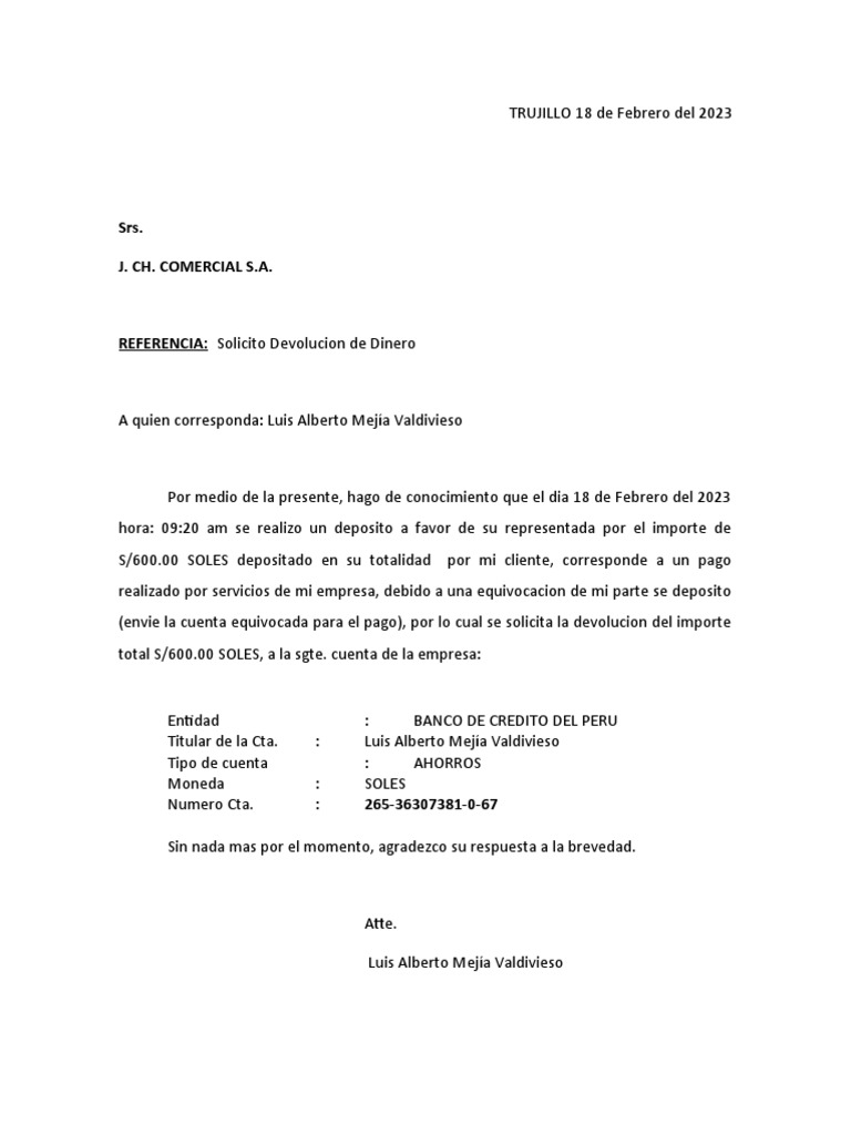 Carta Devolucion EJEMPLO | PDF