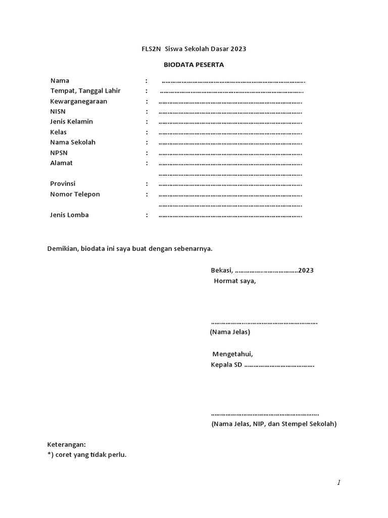 Template Biodata Peserta FLS2N Kecamatan Sukatani Tahun 2023 | PDF