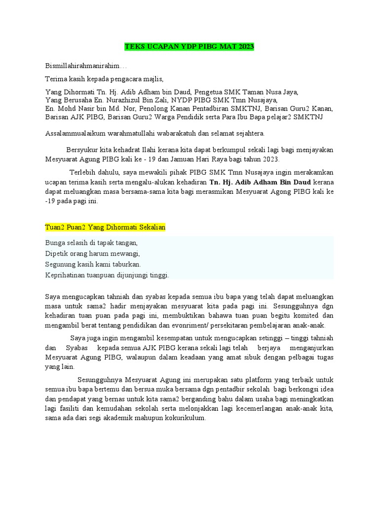 Ucapan YDP PIBG untuk Ibu Bapa | PDF | Karier & Perkembangan