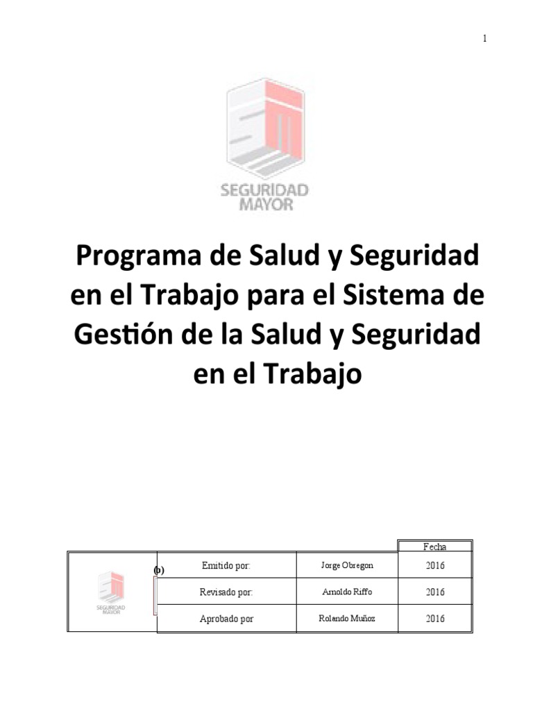 Programa de SSO en El Trabajo para SGSyS en El Trabajo Inversiones S&M 2016 | PDF | Seguridad y ...