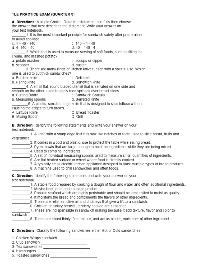 Sandwich Safety and Preparation Practice Exam | PDF | Breads | Sandwich
