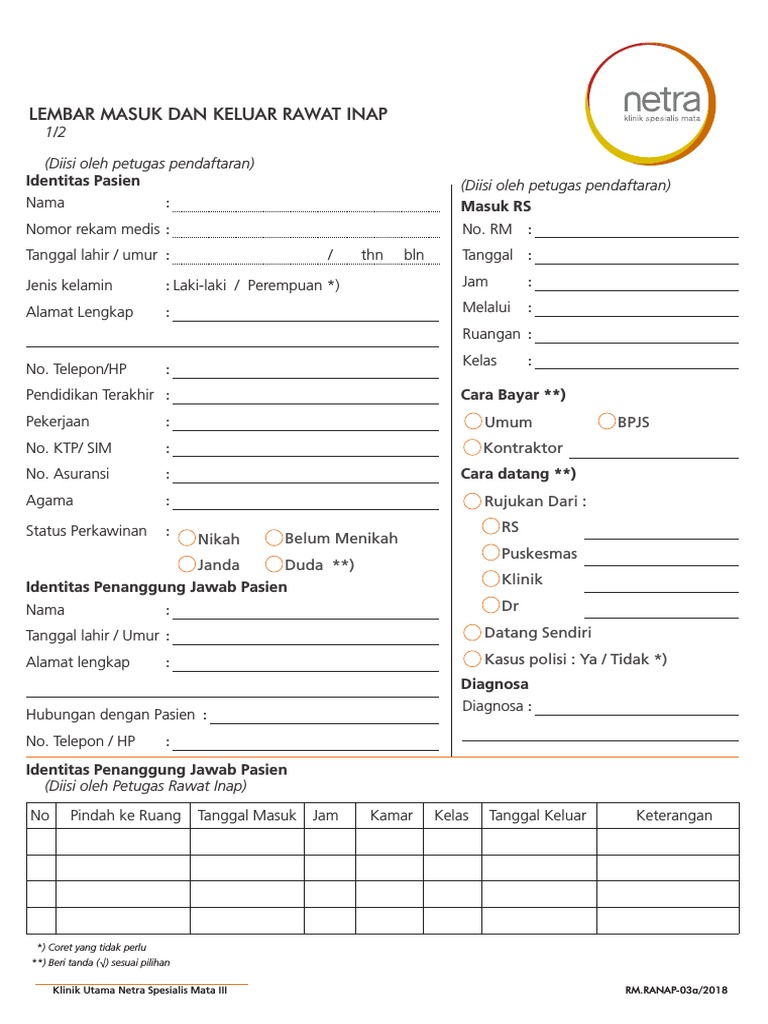 Lembar Masuk Dan Keluar Rawat Inap: Identitas Pasien Masuk RS | PDF