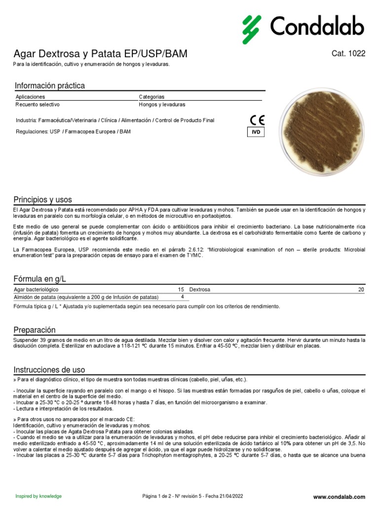Agar Dextrosa y Patata EP USP BAM - 1022 - Es - 5 | PDF | Levadura | Patata