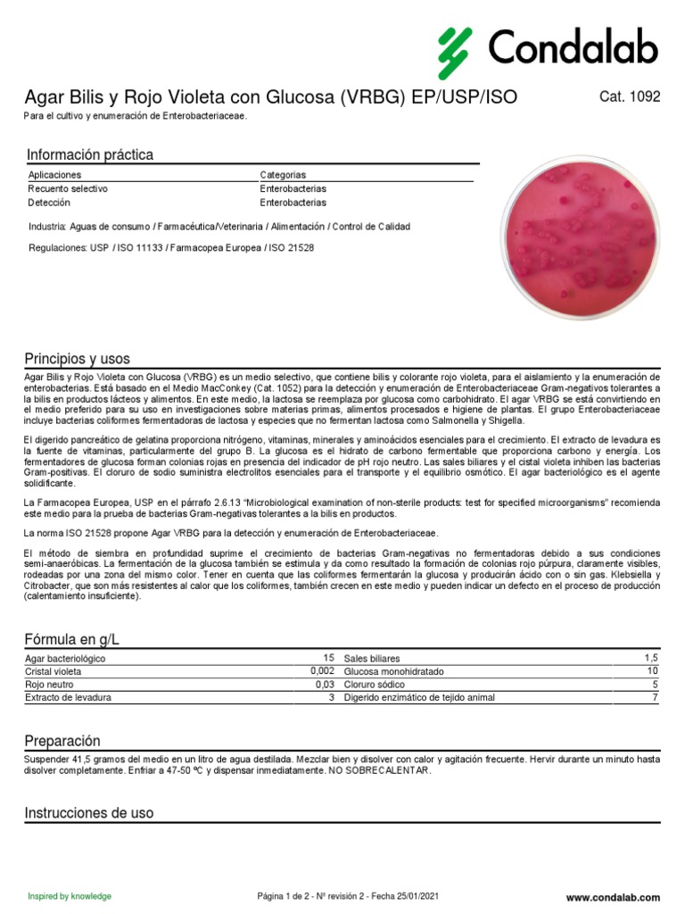 Agar Bilis y Rojo Violeta Con Glucosa VRBG EP USP ISO - 1092 - Es - 2 | PDF
