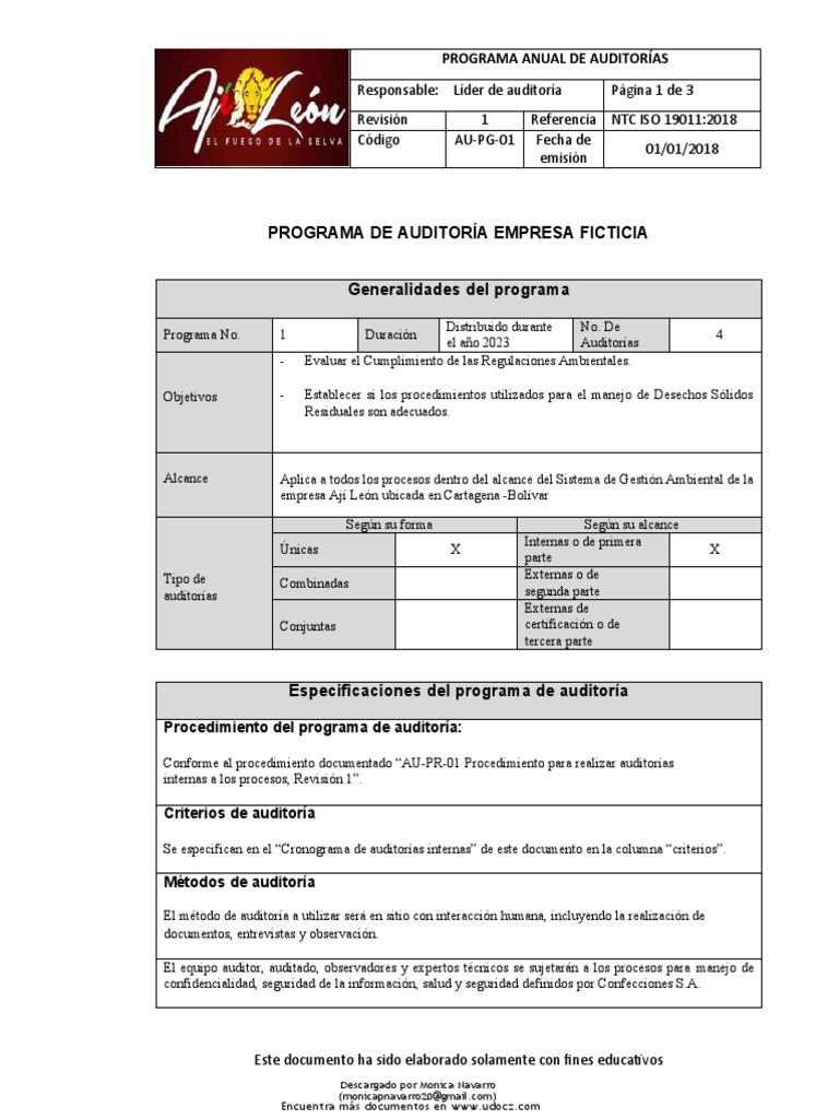 Formato de Programa de Auditoria Con Ejemplo Iso 19011 253144 Downloable 3146128 | PDF ...