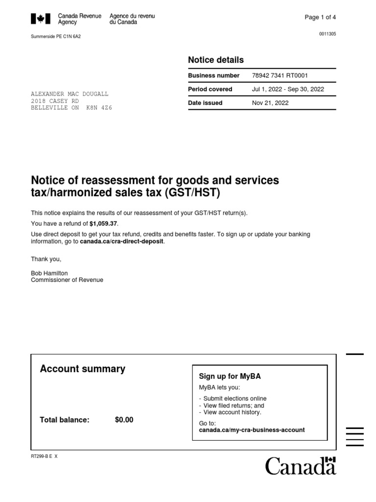 GST/HST Reassessment Notice for RT0001 | PDF | Tax Refund | Taxation